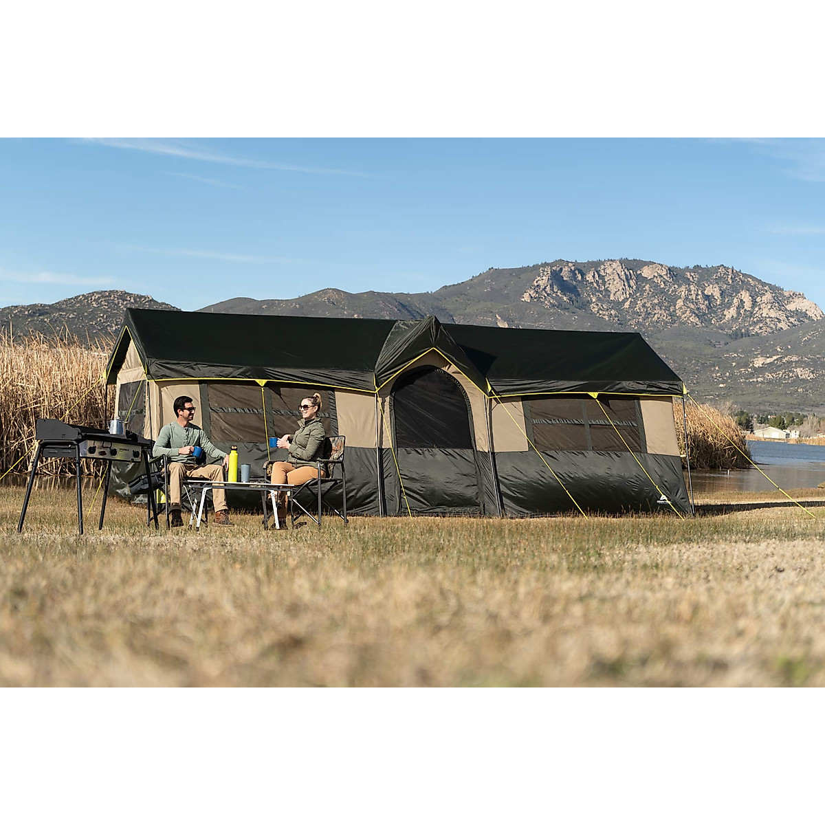 Spacious and Comfortable Ozark Trail Hazel Creek 12 Person Cabin Tent,with Two Closets with Hanging Organizers,Room Dividers,Mud Mat,E-Port and Rolling Storage Duffel for Convenience,Green
