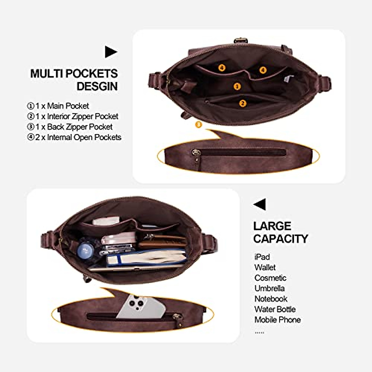 KouLi Buir Crossbody Purses for Women - PU Leather Shoulder Handbags Sling Bag Crossboby Bags Medium Multi Pockets (Dark Brown)