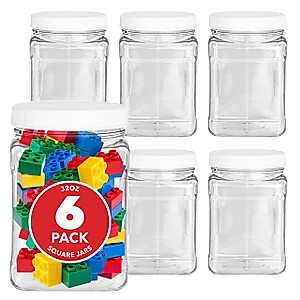 Stock Your Home Plastic Storage Jars (6 Pack) - 32 Oz Square Plastic Canisters with Lids - Shatterproof Plastic Storage Jars with Lids - Reusable Wide Mouth Clear Plastic Containers with Lids