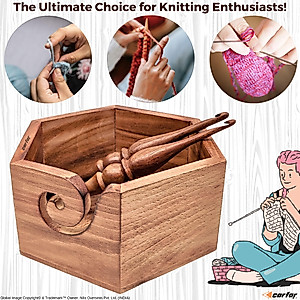 Carfar Knitting Yarn Bowl & Crochet Hooks Set Handmade Wooden Yarn Storage Bowl for Crocheting and Knitting