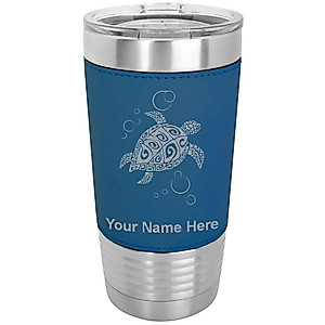 LaserGram 20oz Vacuum Insulated Tumbler Mug, Hawaiian Sea Turtle, Personalized Engraving Included (Faux Leather, Blue)