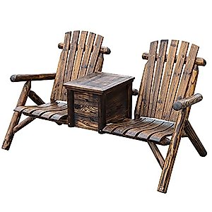 Outsunny Double Wooden Adirondack Chair with Ice Bucket, Outdoor Loveseat with High Backrest, Smooth Armrest, Rustic Brown