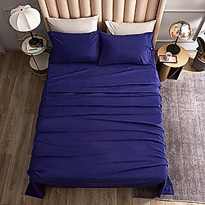 DERBELL Bed Sheet Set - Brushed Microfiber Bedding - Bedding Sheets & Pillowcases - Deep Pockets - Easy Fit - Breathable & Cooling Sheets - 4 Piece King Blue Set