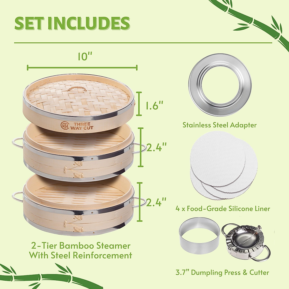 Dumpling Bamboo Steamer 10 Inch 2 Tier Wooden Basket With Handle, Ring Adapter, Reusable Silicone Liner, Kit For Cooking Baby Bao Bun, Dim Sum, Rice Potsticker Steaming Chinese Asian Food & Vegetables