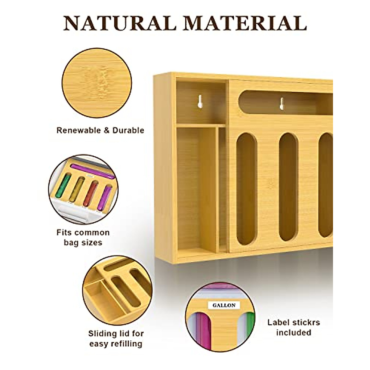 VenDotbi Bag Storage Organizer, Bamboo baggie organizer with Slider, Suitable for Kitchens and Countertop to Storage Gallon, Quart, Sandwich & Snack Bags and other Size Bag Organizer-Natural