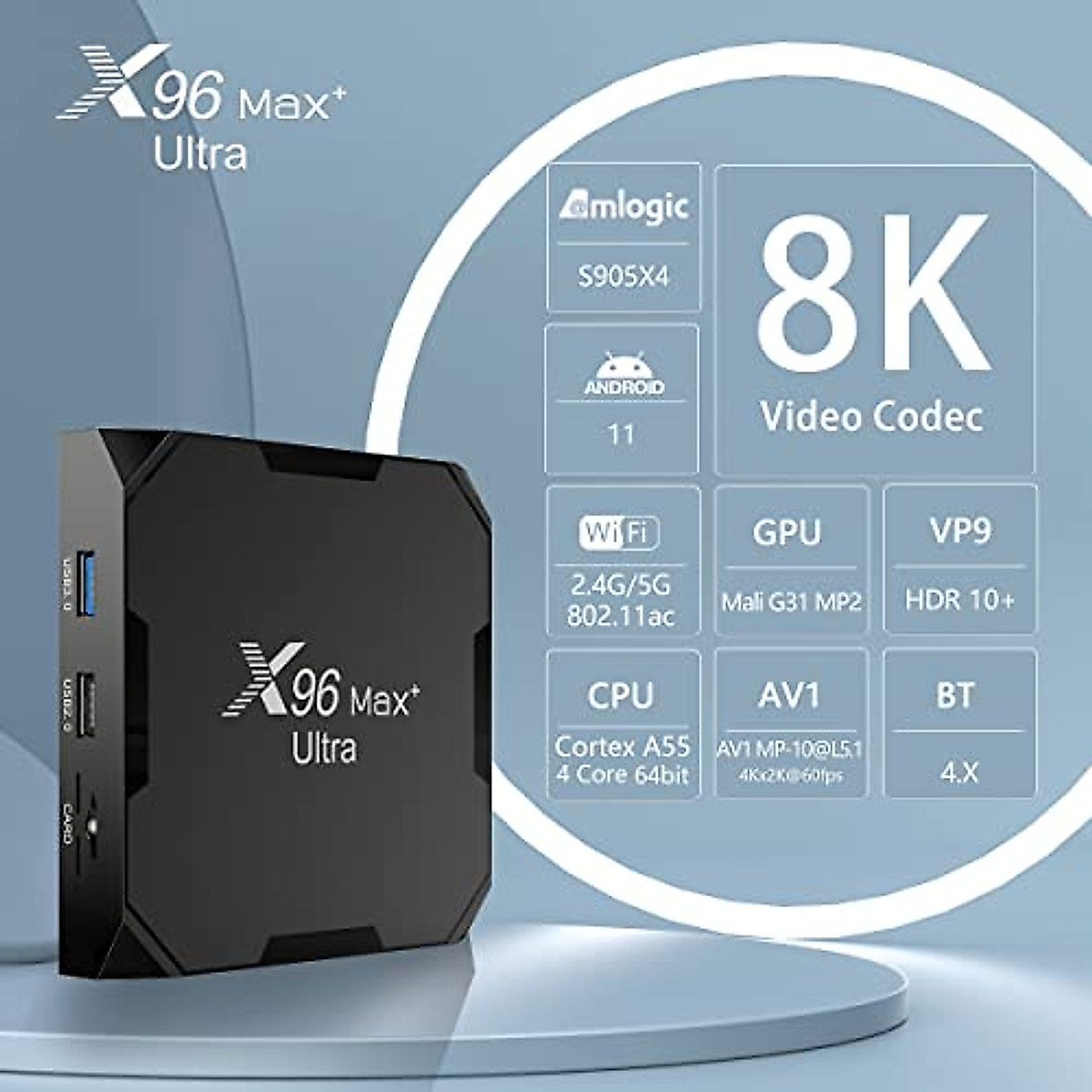 Sofobod Smart TV Box Android 11.0 S905X4 Quad Core ARM Cortex A55 CPU, 4GB RAM 32GB ROM, Ultra HD 4K HDR H.265 AV1 Decoding with Dual Band 2.4GHz/5GHz WiFi 100M Ethernet LAN BT 4.1 USB 3.0:X96 MAX+432
