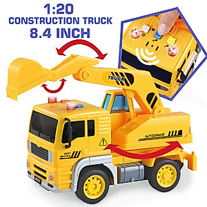 5 Pack Friction Powered Truck Toy Set(8 Inch) Including Garbage Truck, Construction Truck, Fire Truck, Police Car, Helicopter, All with 4D Stunning Light and Sound, Vehicles Toys for Boy Toddler Kid