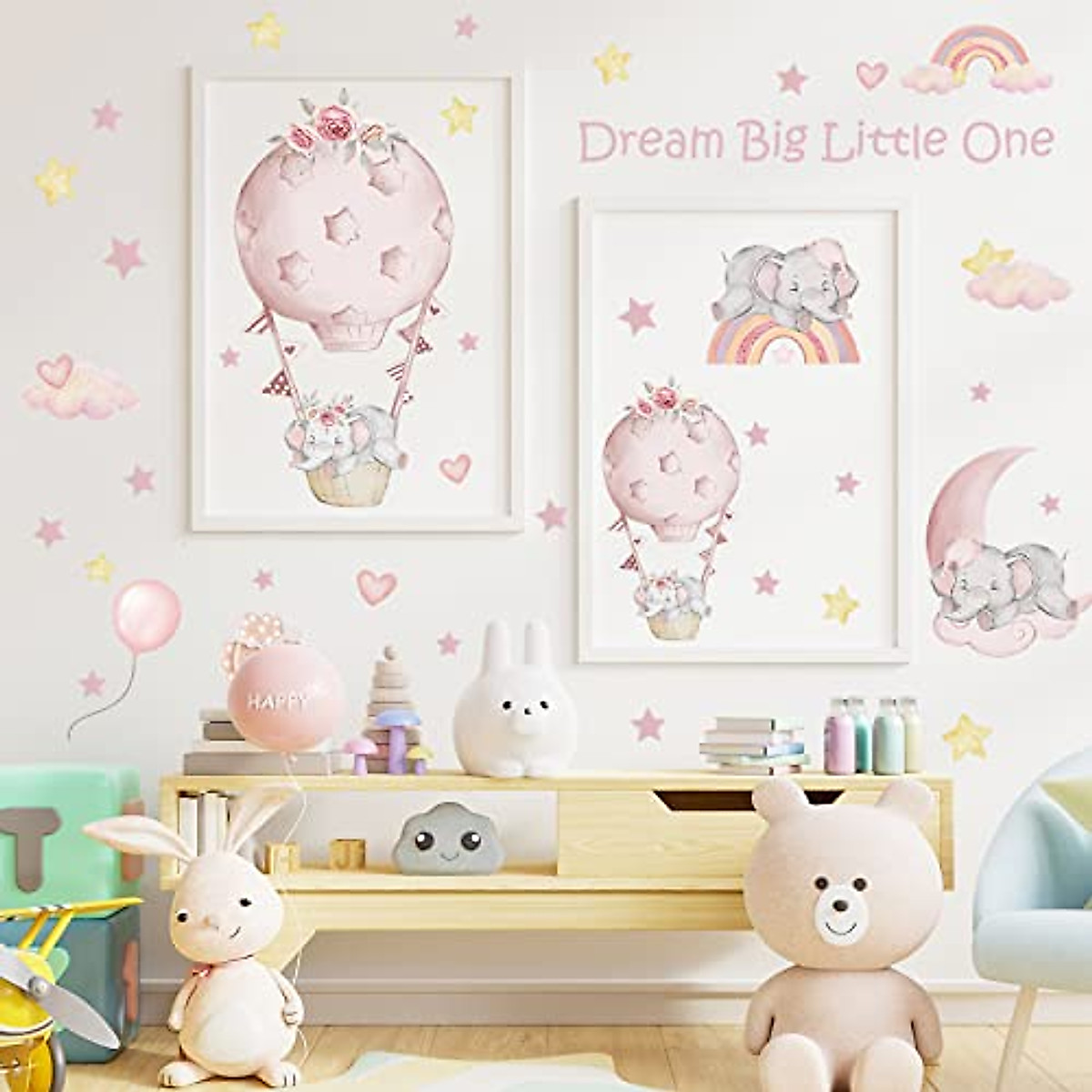 Dream Big Little One Elephant Wall Stickers Pink Hot Air Balloon Stars Wall Decals Baby Girl Room Decor for Nursery Peel and Stick Wall Decoration for Bedroom