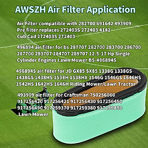 AWSZH 496894S 496894 493909 Air Filter 272403S 272403 Pre Filter Compatible with 12.5-17 HP 5053K Deer LG496894JD GX85 SX85 Scotts S1742 Sabre 1542HS 1546GS Craftsman Lawn Mower(2PC)
