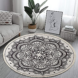 Jucoan 4Ft Round Cotton Area Rug, Chic Decorative Boho Mandala Circle Rug with Tassels, Washable Indoor Floor Throw Area Rug for Living Room, Kid Playroom, Nursery Room