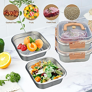 Stainless Steel Food Storage with Leak Proof Silicone Lid Fridge Fruit Storage Container Organizer Meat Kitchen Storage Containers Cheese Keeper, Dishwasher Safe Two 2Pcs