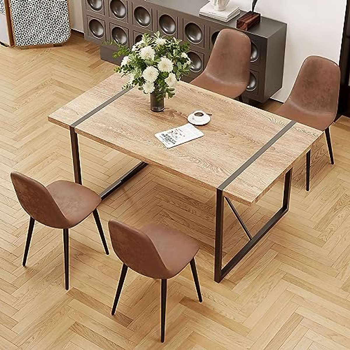 55 in Modern Dining Table Set for 4, 5-Piece Kitchen Dining Table Set, Modern Rectangle Wood Dining Table and Fabric Chairs Set for 4 Suitable for Dining Room, Living Room (Brown, table+4 chairs)