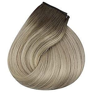 Sunny Invisible Wire Hair Extensions Balayage Light Ash Brown Faded to Blonde Highlights Platinum Blonde Invisible Line Hair Extensions Human Hair Ombre Hairpiece Extensions 80g 16inch