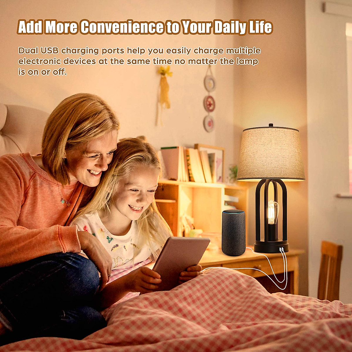 Touch Bedside Table Lamps with Rotary Switch Set of 2, 3-Way Dimmable Bedroom Living Room Lamps with USB Charging Ports, Industrial Nightstand Lamp with Fabric Lampshade for Reading, Bulbs Included