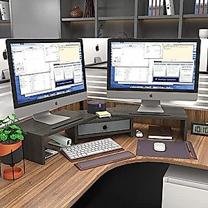 WESTREE Dual Monitor Stand Riser with Drawer, 3 Shelf Computer Monitor Riser with Adjustable Length and Angle, Desktop Monitor Stand Riser Storage Organizer for 2 Monitors