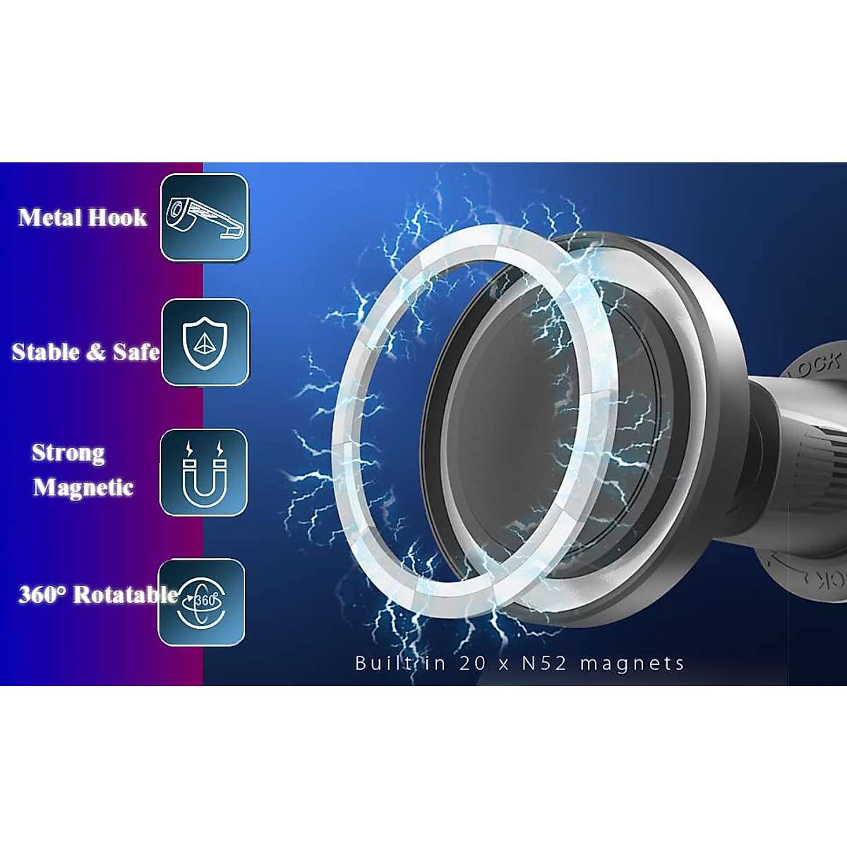 Ywecan Magnetic Car Mount for iPhone 14/13/12 Series - Upgraded Metal Hook with Over-Twisted Rotation Protection, Super Strong 20X Magnets