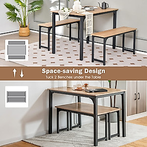 COSTWAY 3 PCS Dining Table Set for 4, Rectangular Kitchen Table with 2 Benches, Industrial Counter Height Table Set with Anti-slip Pads, Heavy Duty Steel Frame for Dining Room, Kitchen, Bar (Natural)