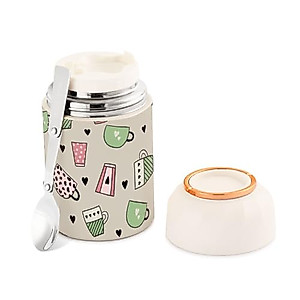 Coffee Cups with Green Pink Hearts on Gray Kids Womens Insulated Food Jar Containers with Spoon 17oz/500ml Food Jar Insulated Stainless Steel Vacuum Food Warmer Thermal Lunch for Insulated Hot Food