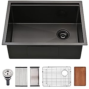 25 Inch Undermount Kitchen Sink Workstation, Jshozzy 25x19 Handmade Black 304 Stainless Steel Undermount Kitchen Sink with Offset Drain Deep Single Bowl Bar Prep Sink Basin