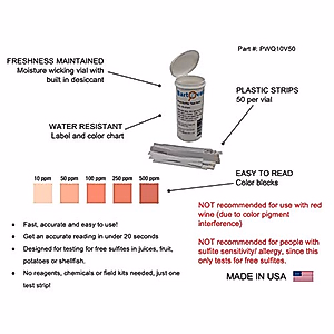 Free Sulfite Test Strips, 10-500 ppm [Vial of 50 Plastic Strips]