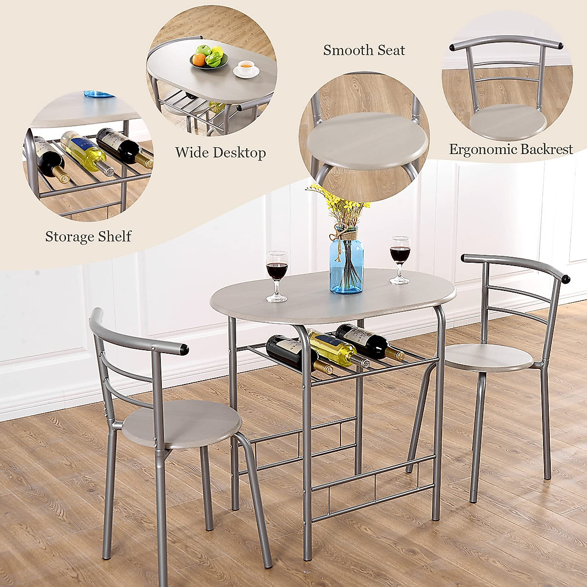 COSTWAY 3 Piece Dining Table Set for 2, Modern Round Table Set with 2 Stools, Pub Table and Chairs Dining Set with Built in Storage Layer, Space Saving for Kitchen, Apartment and Dining Room (Gray)