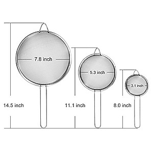 Yqlinnn Stainless Steel Fine Mesh Strainer, Set of 3 Fine Mesh Strainer for Kitchen, Use for Tea, Flour, Rice, Juice, Vegetable, Etc, 3.15", 5.51", 7.88", Silver