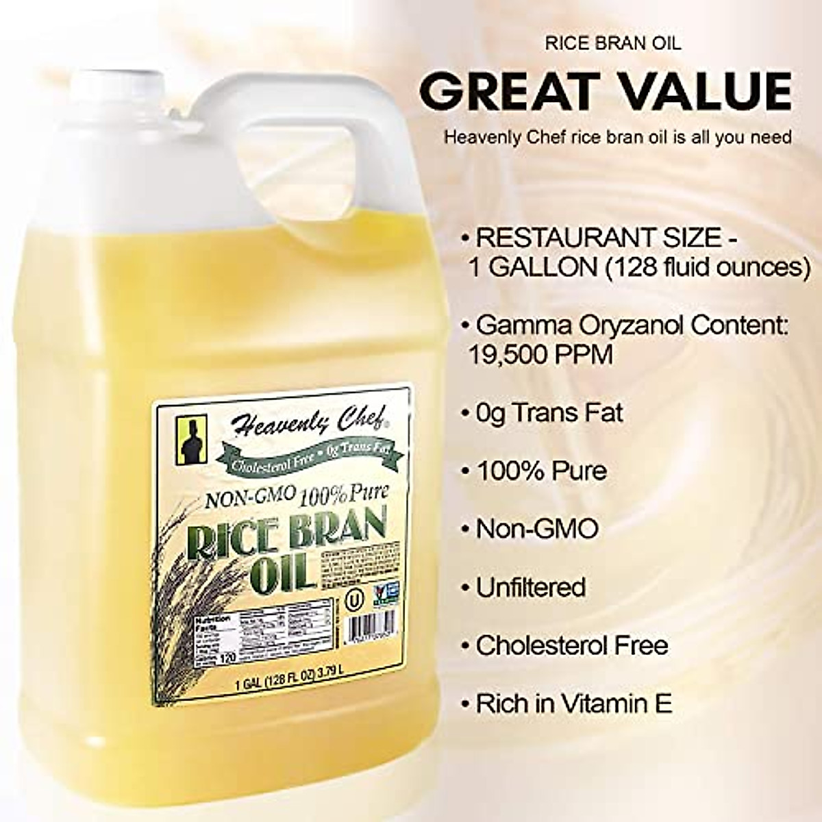 RICE BRAN OIL | 1 Gallon (128 Ounces) | Kosher | All- Natural, Made from 100% Non-GMO Rice | Rich in Vit E and Gamma Oryzanol | Unfiltered, No Trans Fat | by Heavenly Chef