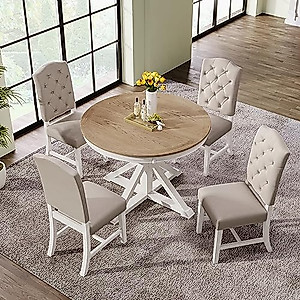 LUMISOL Round Extendable Dining Table Set for 4-6 Persons Rustic Solid Wood 5 Piece Kitchen Dining Set with 4 Upholstered Chairs Farmhouse Round Dining Table for Small Space, Oak Natural Off White