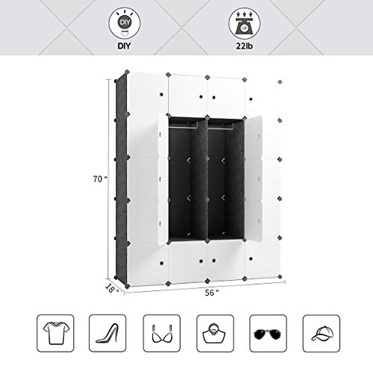 Aeitc Portable Wardrobe Closets 14"x18" Depth Cube Storage, Bedroom Armoire, Storage Organizer with Doors, 20 Cubes, Black