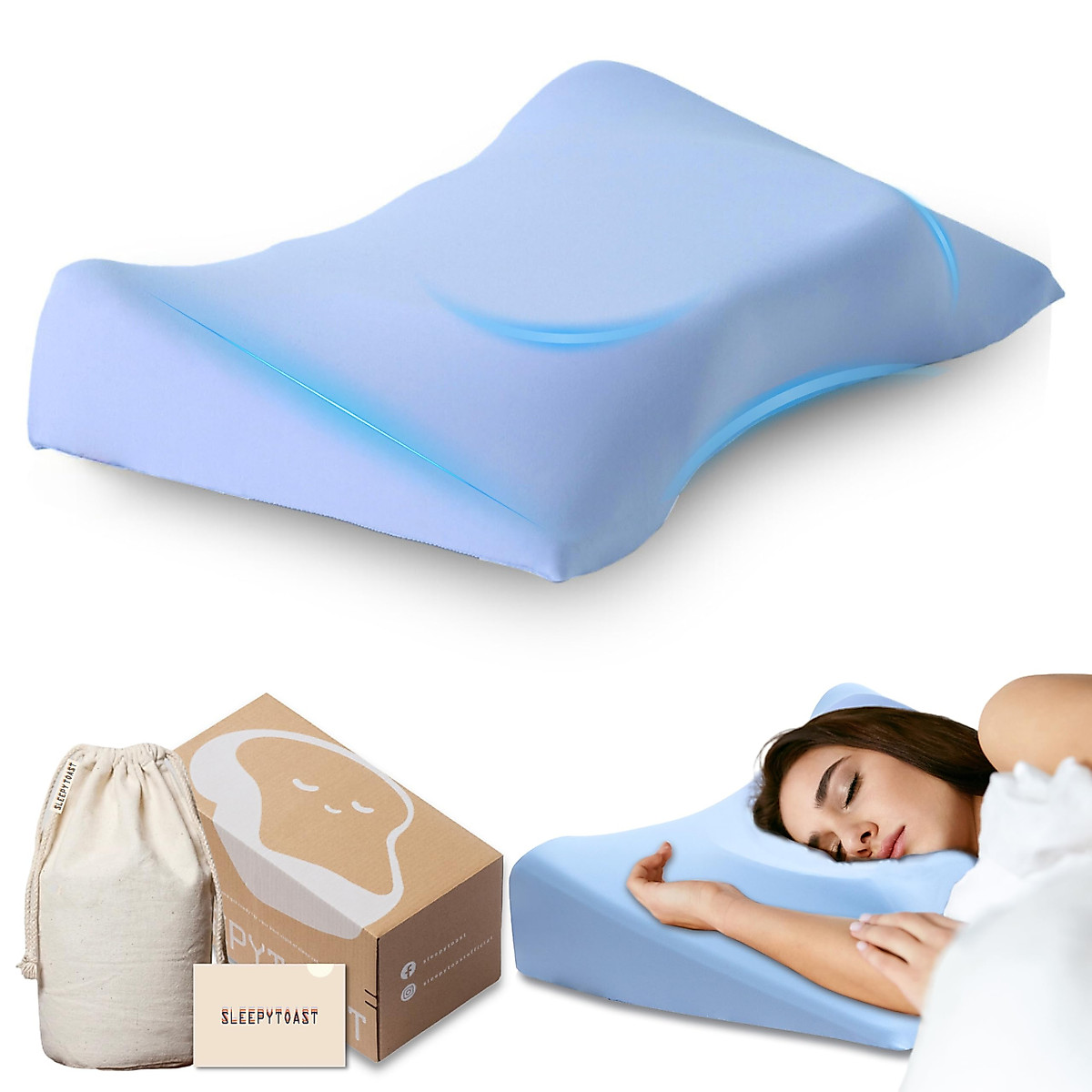 SLEEPY TOAST Neck Pillow for Sleeping fits Shoulder Perfectly, Side Sleeper Pillow with Armrest Area, Memory Foam Pillows for Neck and Shoulder Pain Relief, Cooling Pillow Cases (Blue)