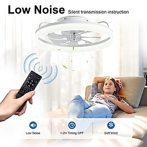 AQUBT Ceiling Fans with Lights and Remote, 20" Modern Low Profile Ceiling Fan with Light, Stepless Color Temperature Change and 6 Speeds, Flush Mount Ceiling Fans for Bedroom, Kids Room.（White）