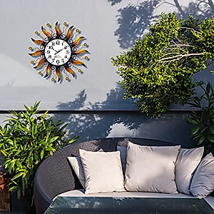HOBYLUBY 13'' Sun Outdoor Clock, Metal Outdoor Wall Clock Silent Non-Ticking for Patio, Kitchen, Living Room