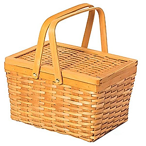 Woodchip Picnic Storage Basket with Cover and Movable Handles, Small
