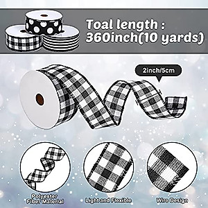 3 Rolls Black White Wired Edge Ribbons Buffalo Check Plaid Wrapping Ribbons Black White Striped Grosgrain Ribbons Black Polka Dot Ribbons with White Dots for DIY Crafts Decor, 1.5 Inches x 10 Yards