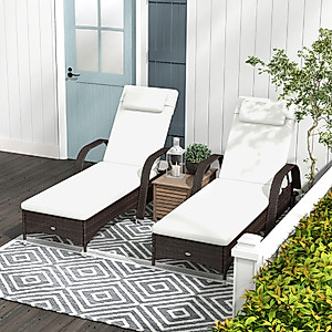 Outsunny Wicker Outdoor Chaise Lounge Set of 2, 5-Level Adjustable Backrest PE Rattan Pool Lounge Chair with Wheels, Cushion & Headrest, Brown and Cream White