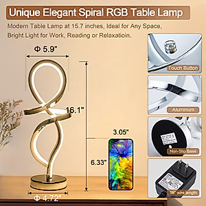 Mayful Modern Table Lamp, RGB Table Lamp，LED Spiral Lamp, Silver Bedside Lamp with 7 Colors 10 Light Modes, Touch Dimmable Nightstand Lamp for Bedroom Living Room Home Office, 15W