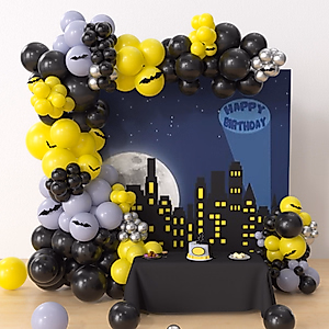 HYOWCHI Bat Superhero Party Decorations - 151 Pcs Bat Birthday Party Balloon Garland Arch Kit, Yellow Black Silver Latex Balloon Arch For Bat Inspired Hero Birthday Party Decorations Supplies