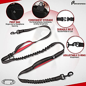Hands Free Dog Leash for Medium and Large Dogs with Large Zipper Pouch - Adjustable Length 3mm Thick Double Bungee Leash, 2 Padded Handles Heavy Duty Leash (Red, 27-38 inches Waist)