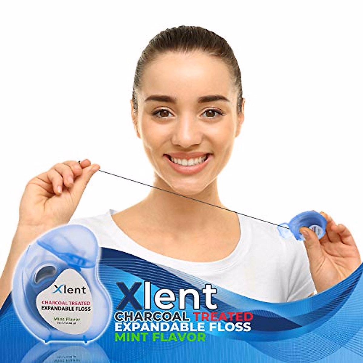 Xlent Expandable Floss Treated Activated Charcoal, Xylitol Natural Based Wax Fresh Mint Flavor | 3 Count (1 50 m Floss Blue Container Plus 2 50 m Refill Bobbins), 3 Count (1 Blister Card+2 Refill)