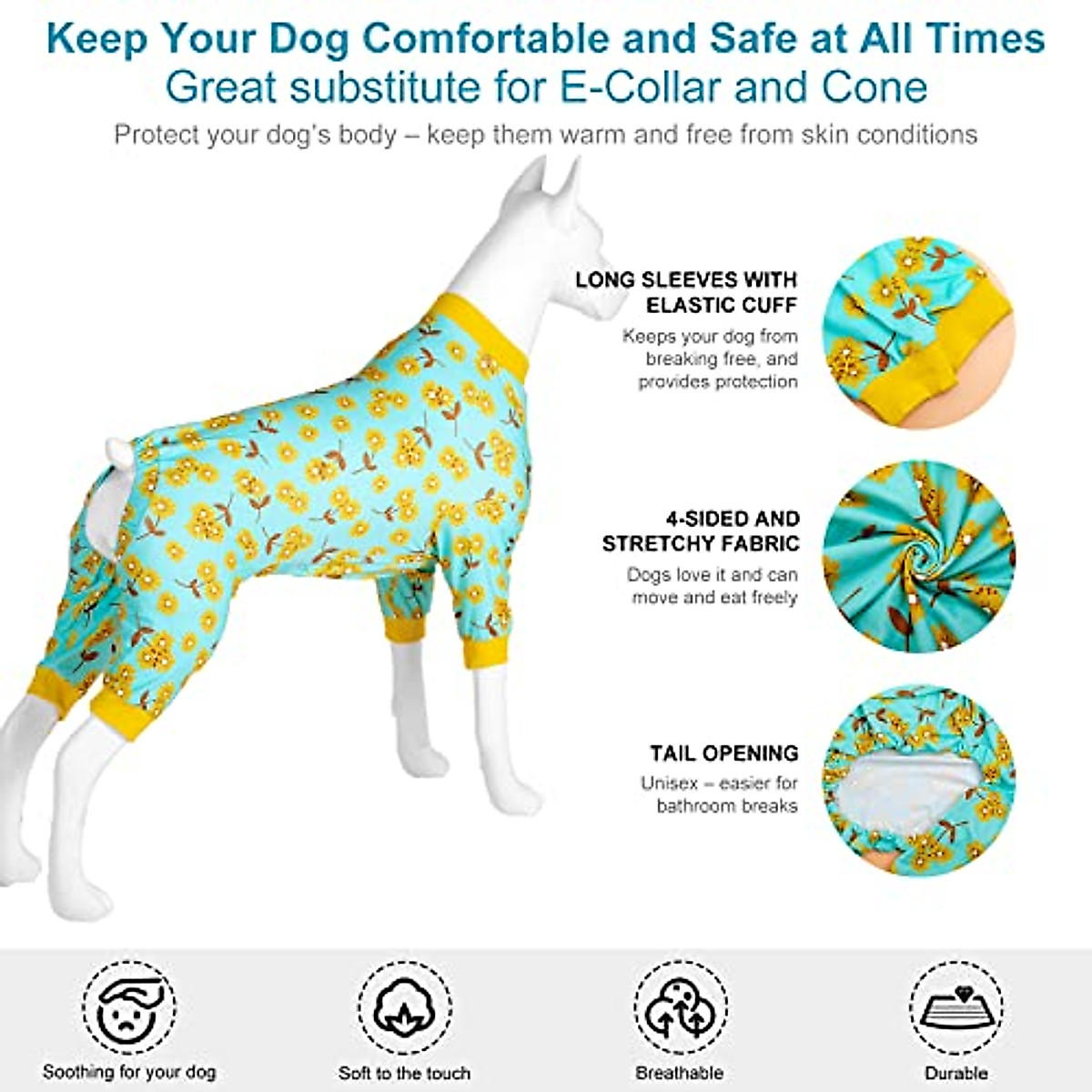 LovinPet Large Dog Pajamas Pitbull - Pet Anxiety Relief, Sun Protection Dog Pajamas, Comfy Stretchy Fabric, Mint Flower Print, Big Dog Post Surgery Recovery Shirt, Large Breed Apparel,Yellow XL