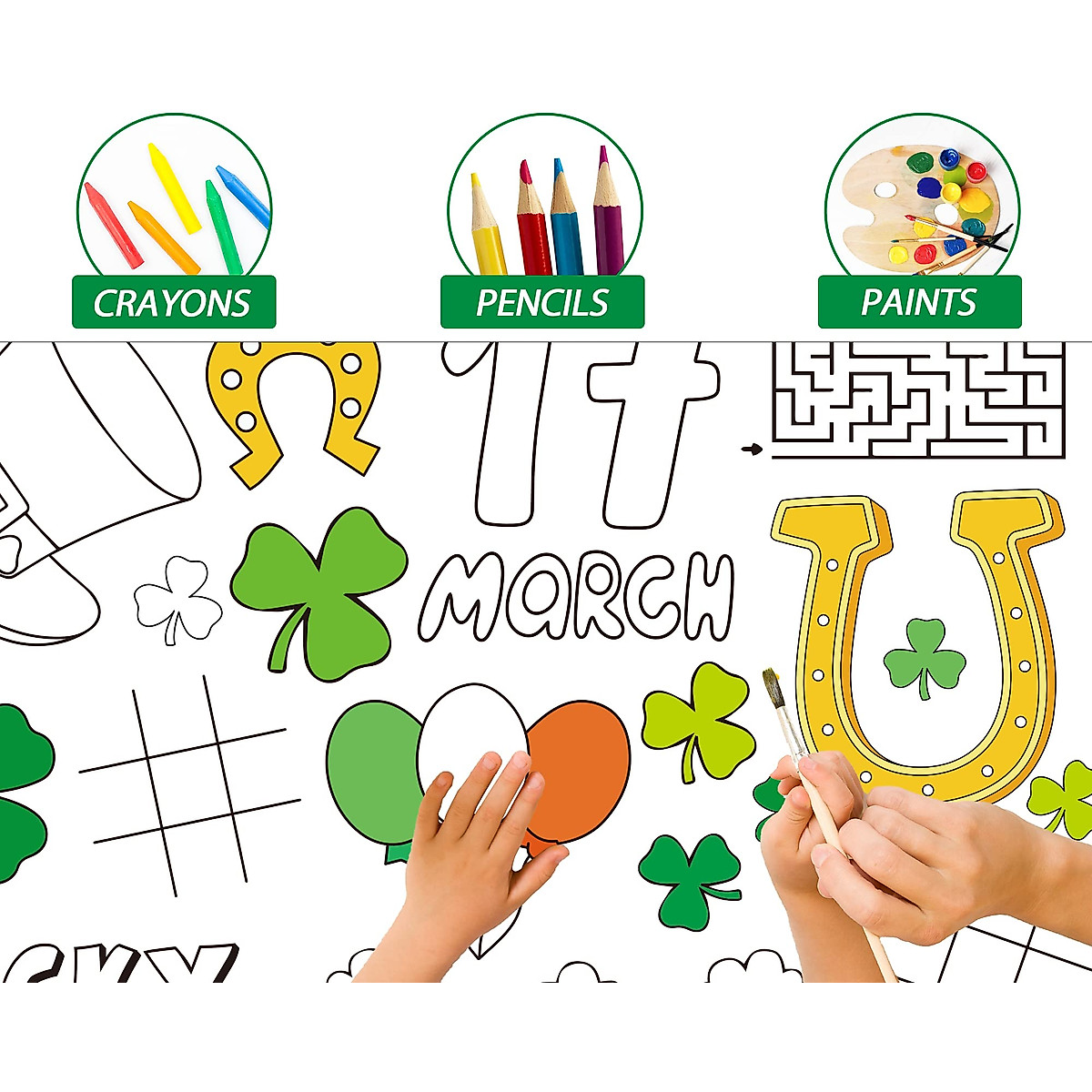 Wiooffen 47"x 82" St. Patrick's Day Giant Coloring Tablecloth Posters Activity for Kids, Huge Holiday Color-in Paper Poster Table Cover Arts and Crafts for Kids Preschool Kindergarten Classroom