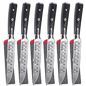 KYOKU Steak Knife Set of 6, Samurai Series 5" Steak Knives, Non Serrated High Carbon Steel Knives Set with Case Pakkawood Handles Mosaic Pins Sheaths, Ultra Sharp Dinner and Kitchen Knife Cutlery Set