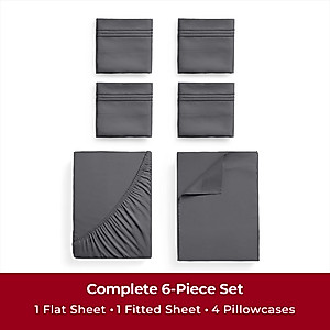 Mellanni Queen Sheet Set - 6-Piece Iconic Collection Bedding, (Including 4 Pillowcases), 16-Inch Deep Pocket, Easy Care, Extra Soft, Cooling Sheets, Brushed Microfiber - Gray