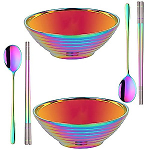 TUPMFG Ramen Noodle Bowl Sets: Stainless Steel Korean Bowls Large Metal Pho Soup Bowl with Chopsticks and Spoons Rainbow 2PCS