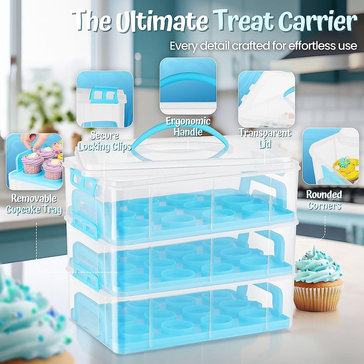 Flexzion 36 Cupcake Carrier 3 Tier Stackable Storage Container Collapsible Cake Carrier with Lid and Handle, Reusable Rectangular Plastic Dessert Travel Container, Display Holder Transport Box (Blue)