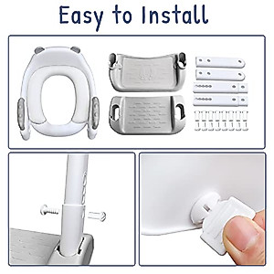 Potty Training Toilet Seat with Step Stool Ladder for Kids and Toddler Boys Girls - Soft Padded Seat with Foldable Anti-Slip Wide Step and Safety Handles - Gray