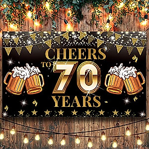 70th Birthday Decorations Banner for Men Women, Cheers To 70 Years Birthday Party Sign, 70 Years Old Birthday Backdrop, Black Gold 70th Anniversary Photo Props for Outdoor Indoor, Large, Vicycaty