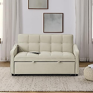 Upholstered Futon Loveseat Sofa Convertible to Sleeper Sofá Bed,Adjsutable Love Seat Chaise Lounge Couch Chair,Sofacama with Two Arm Pocket,Type C,USB Charging and Copper Nail for RV/Living Room