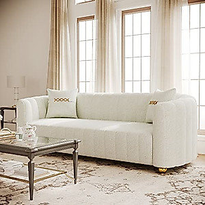 yunqishi KEAI 83.46" Velvet Couch for Living Room Teddy Large Modern Sofa with Gold Metal Sphere Legs Office Upholstered Comfy 3 Seater Couches Cute Sherpa Bedroom Furniture (Teddy Cream White)