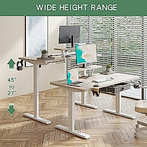 BUNOEM Height Adjustable Electric Standing Desk with One Drawer, Table with Storage Shelf, Sit & Stand Home Office Desk with Storage Space (Oak, 55x30)
